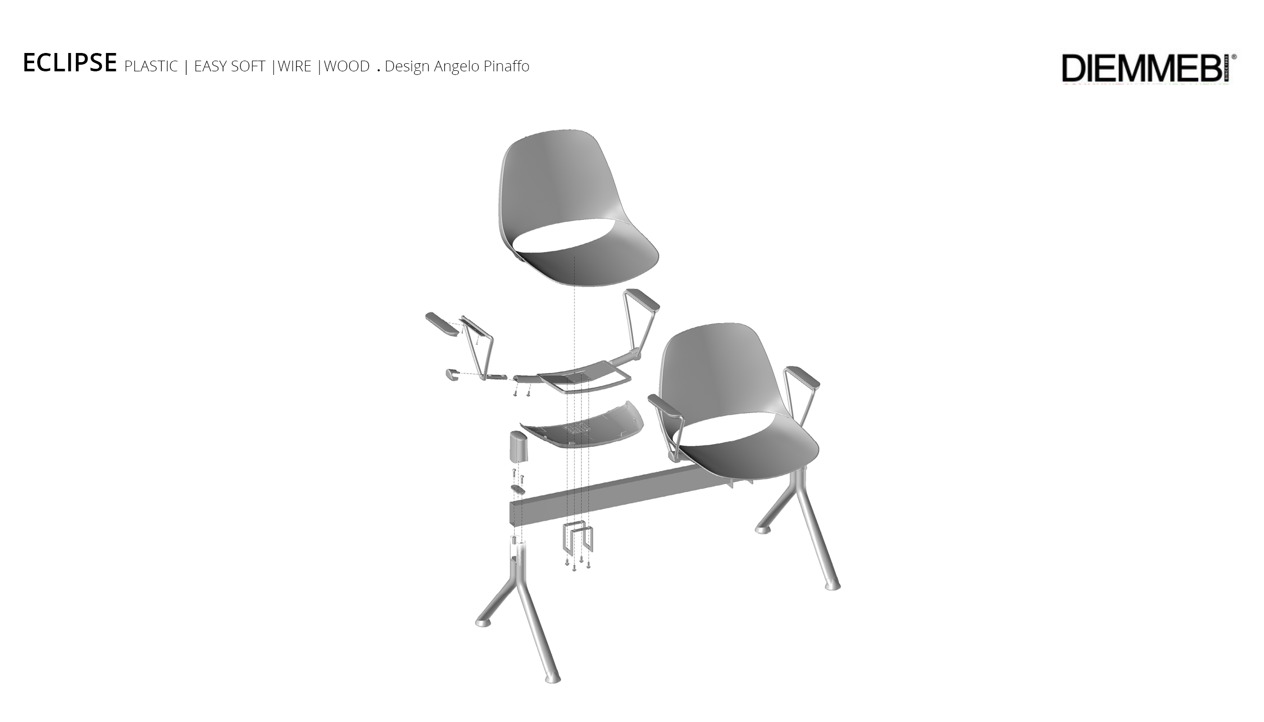 Eclipse plastic bench, three-seater with 2 arms each seat, black ...