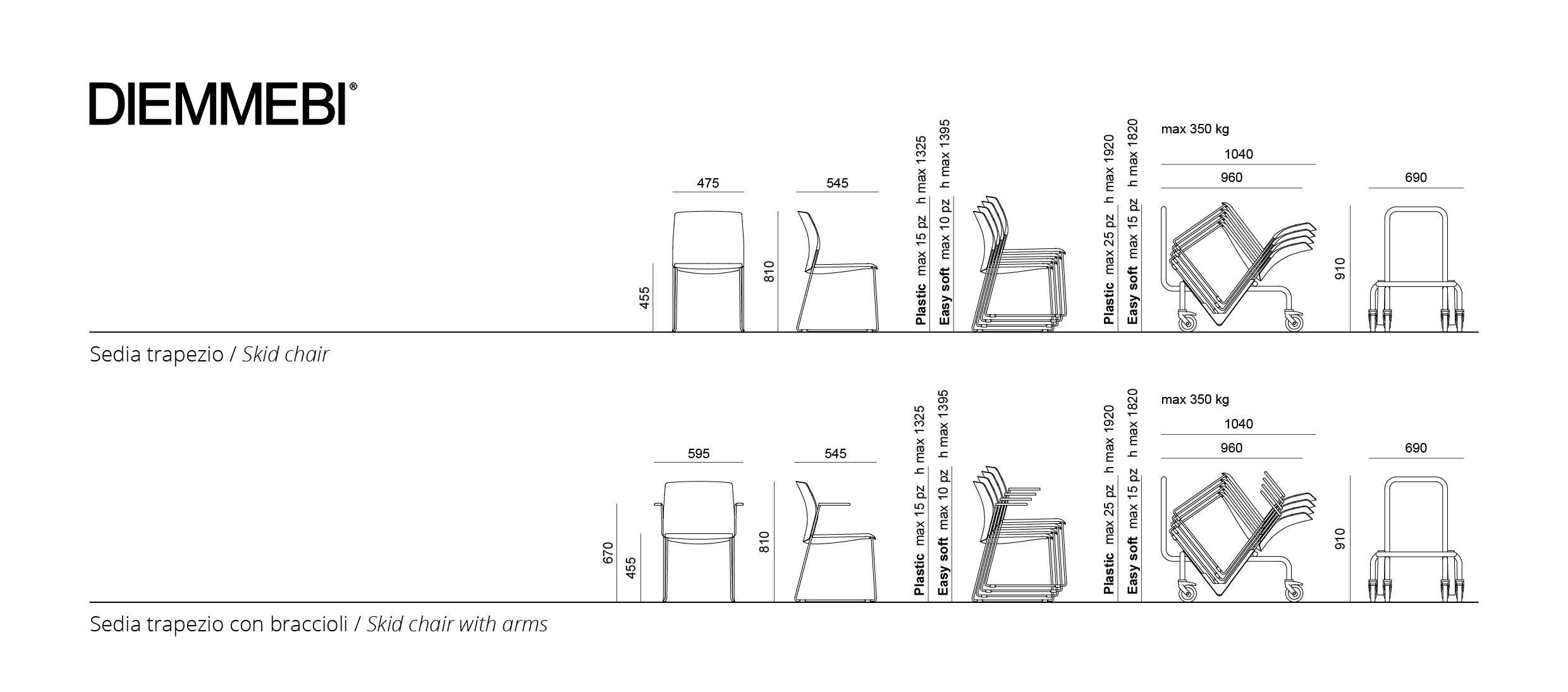 Libra Plastic chair aluminium painted RAL9006 skid frame, PP seat shell