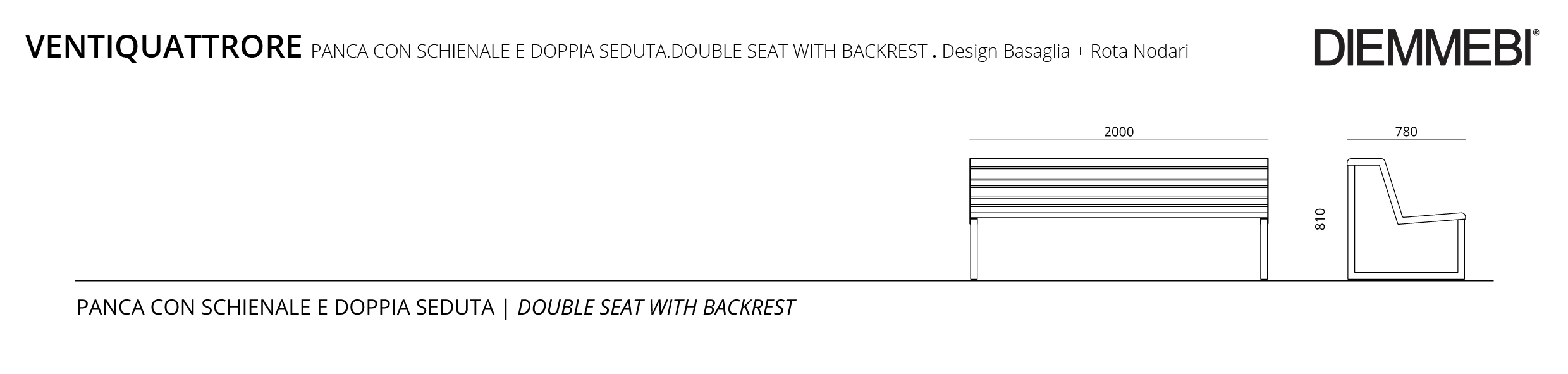h24 Outdoor use double seat bench wth backrest